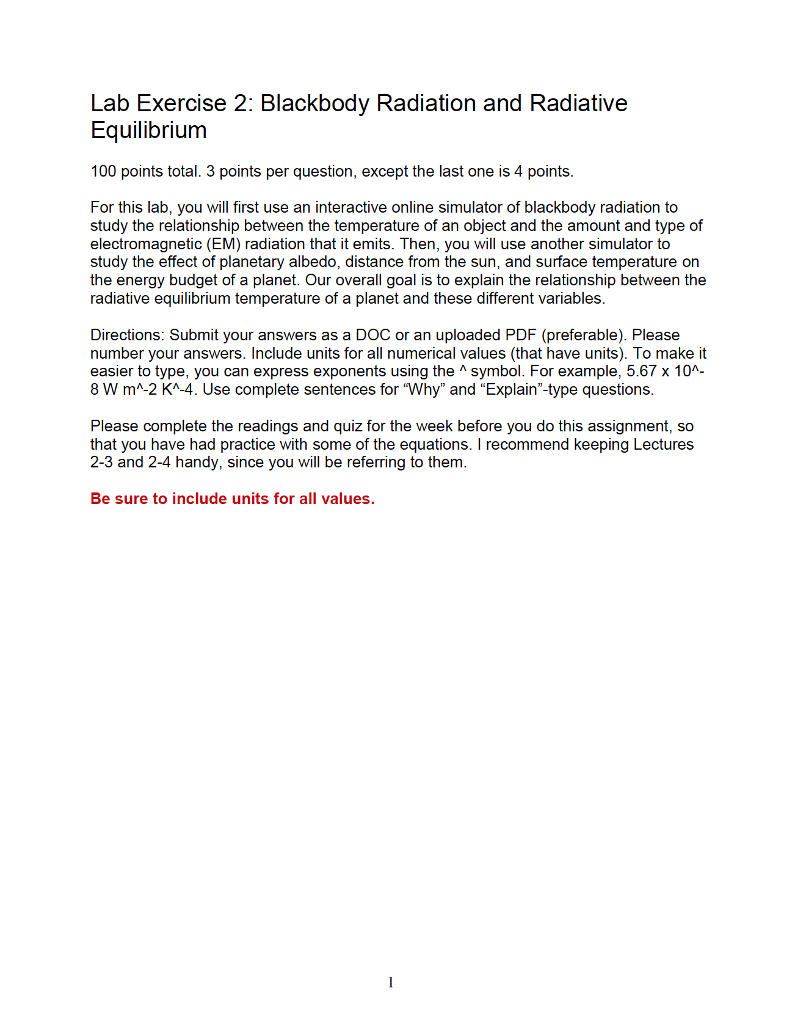 Solved Lab Exercise 2: Blackbody Radiation and Radiative | Chegg.com