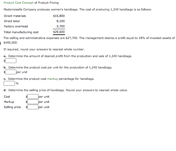 Solved Product Cost Concept of Product Pricing | Chegg.com