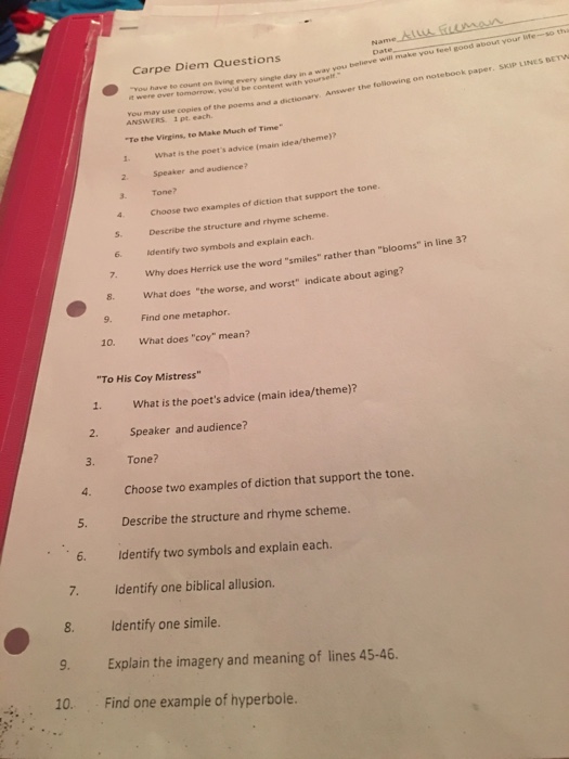 Question on the poems "To the Virgins, to Make Much | Chegg.com