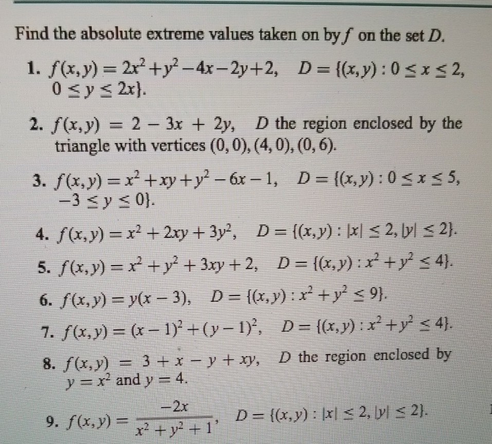 Solved Find the absolute extreme values taken on by f on the | Chegg.com