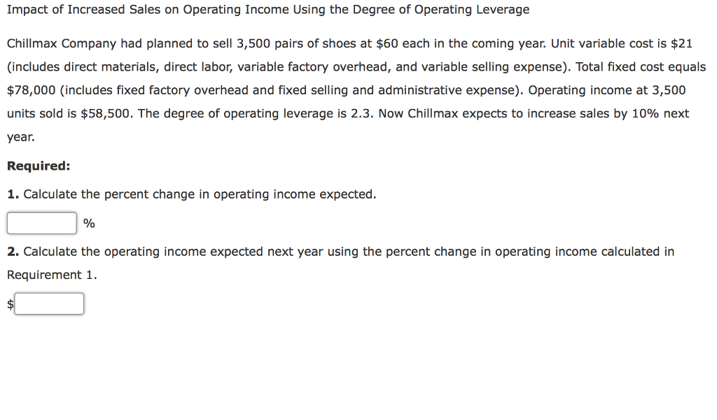 Solved Impact of Increased Sales on Operating Income Using | Chegg.com