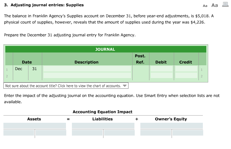 Solved 3. Adjusting journal entries: Supplies Aa Aa The | Chegg.com