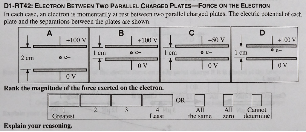 Solved D1-RT42: ELECTRON BETWEEN TWO PARALLEL CHARGED | Chegg.com
