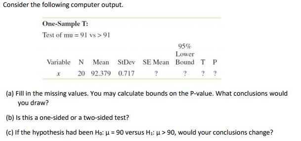 Solved Consider the following computer output. One-Sample T: | Chegg.com