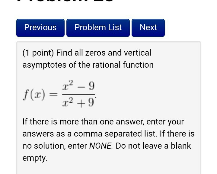 Solved PreviouS Problem List Next (1 point) Find all zeros | Chegg.com