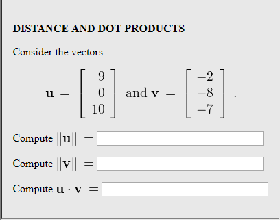 Solved DISTANCE AND DOT PRODUCTS Consider the vectors 9 ul | Chegg.com