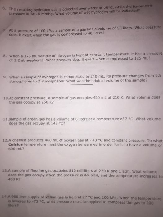 Solved The resulting hydrogen gas is collected over water at | Chegg.com