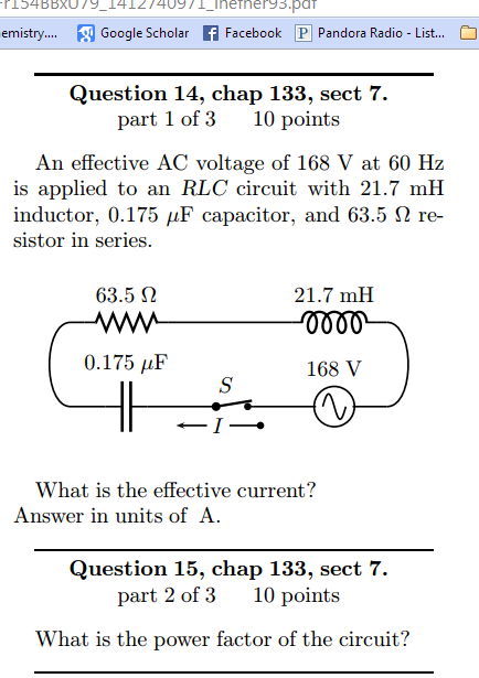 An effective AC voltage of 168 V at 60 Hz is applied | Chegg.com
