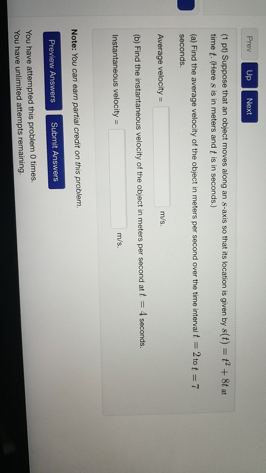 Solved Prev Up Next (1 pt) Suppose that an object moves | Chegg.com