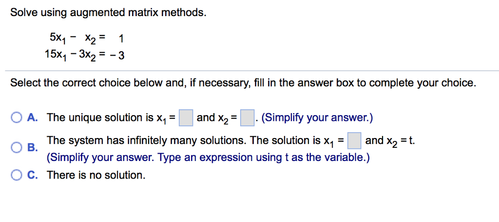 Solved Solve using augmented matrix methods. 5x_1 - x_2 = 1 | Chegg.com