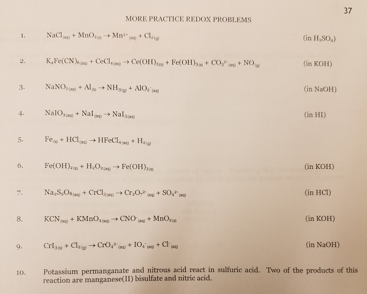 Solved 37 MORE PRACTICE REDOX PROBLEMS (in H2SO4) (in KOH) | Chegg.com
