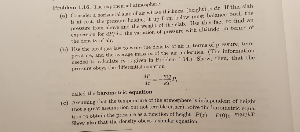 Solved Problem 1.16. The exponential atmosphere (a) Consider | Chegg.com