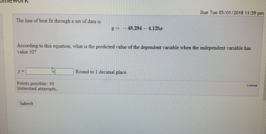 Solved Due Tue 05/01/2018 11:59 pm The line of best fit | Chegg.com