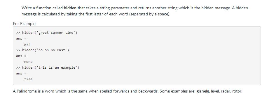 Solved Write a function called hidden that takes a string | Chegg.com