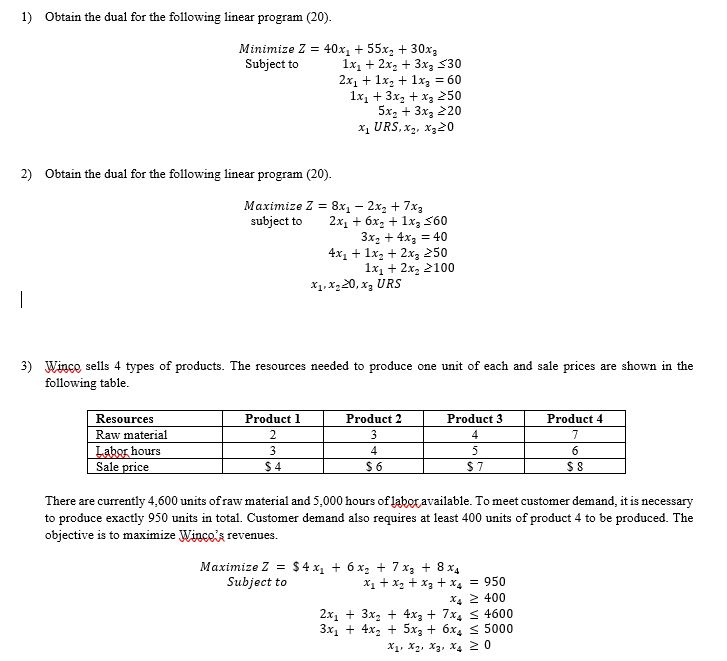 Solved 1) Obtain the dual for the following linear program | Chegg.com
