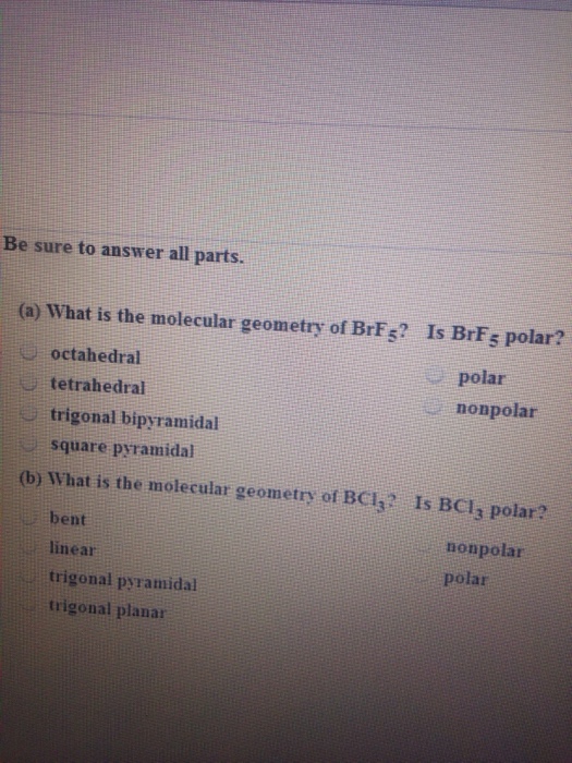 Solved What is the molecular geometry of BrF_5? Is BrF_5 | Chegg.com