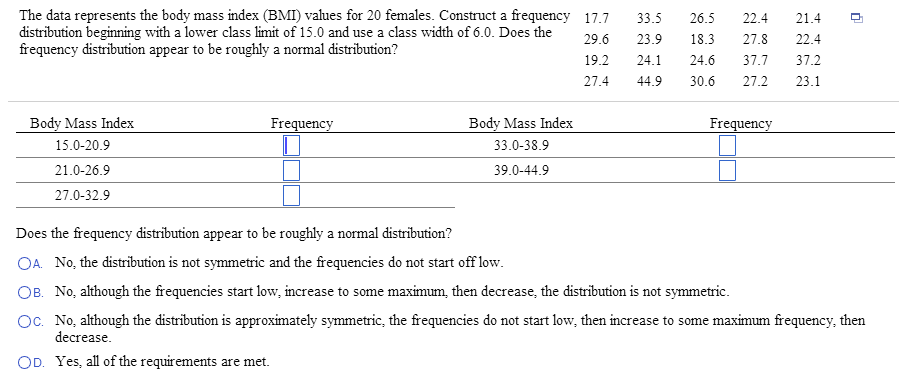 Solved The data represents the body mass index (BMI) values | Chegg.com