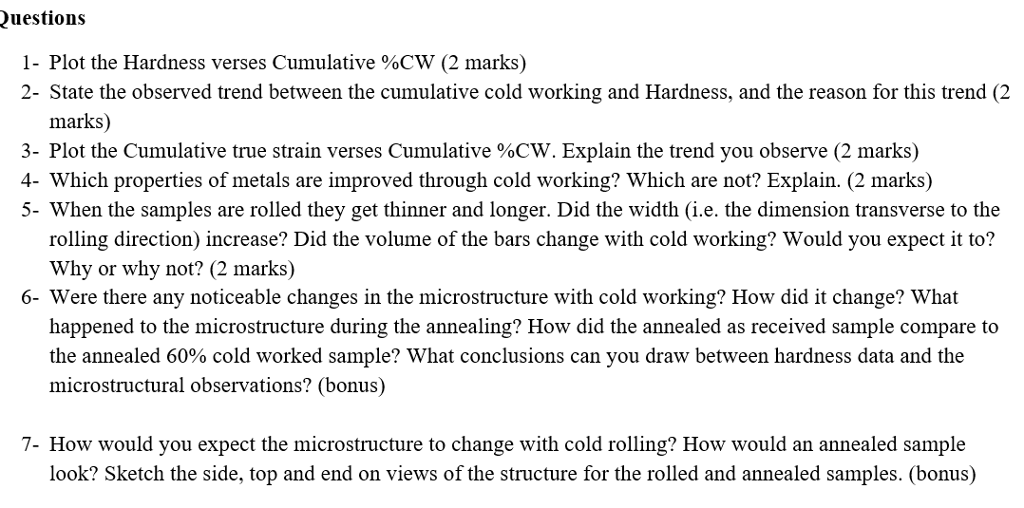 Solved xperiment: Cold Working Data of cold working | Chegg.com