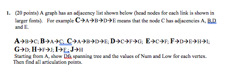 1. (20 points) A graph has an adjacency list shown | Chegg.com