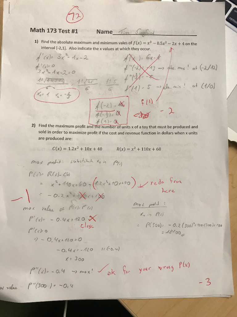 Solved Math 173 Test #1 Name im 1) Find the absolute maximum | Chegg.com