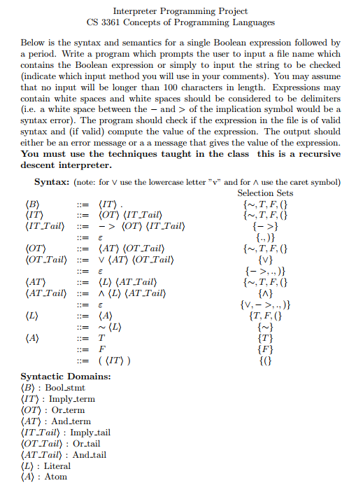 Interpreter Programming Project CS 3361 Concepts of | Chegg.com