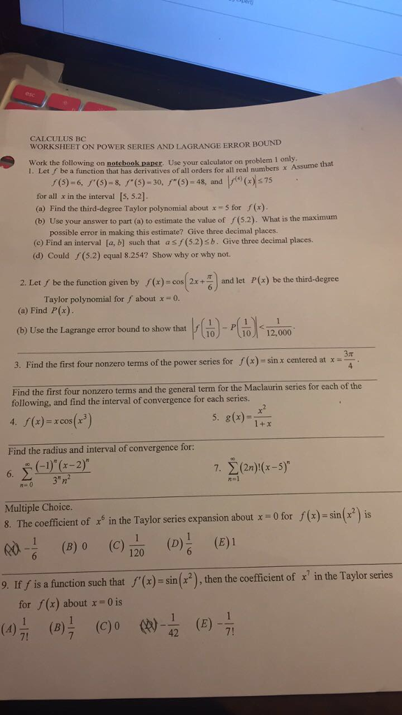 Solved CALCULUS BC WORKSHEET ON PowER SERIES AND LAGRANGE | Chegg.com
