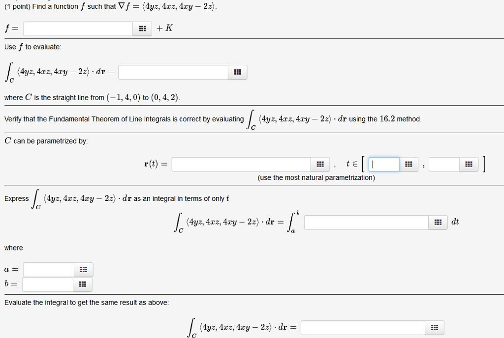 Solved (1 point) Find a function f such that Vf (4yz, 4z, | Chegg.com