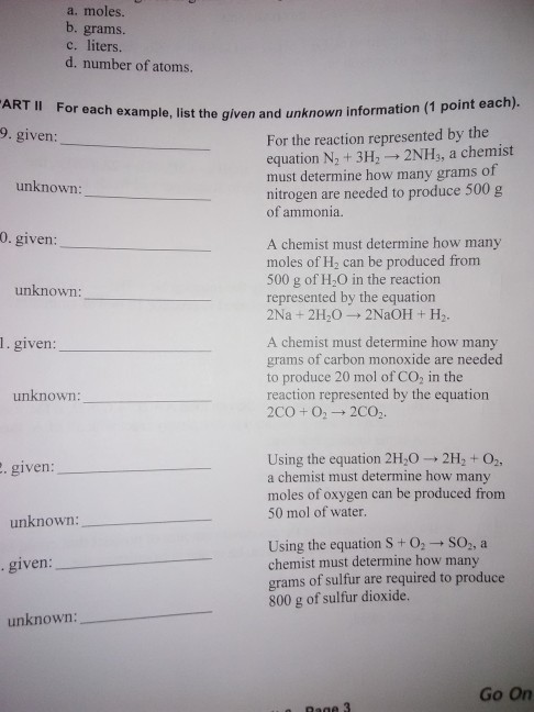 Solved Part II For each example, list the given and unknown | Chegg.com