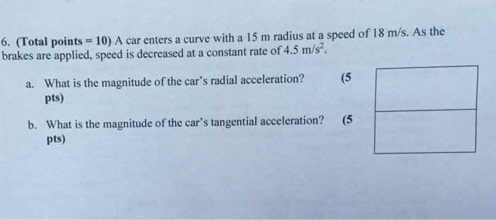 Solved A car enters a curve with a 15m radius at a speed of | Chegg.com