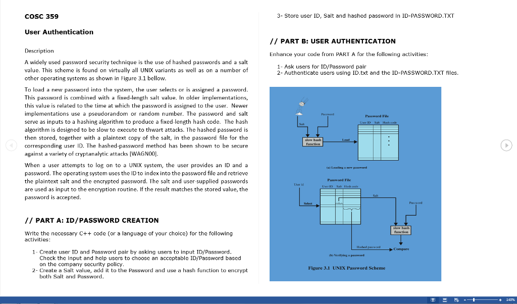 COSC 359 3- Store user ID, Salt and hashed password | Chegg.com