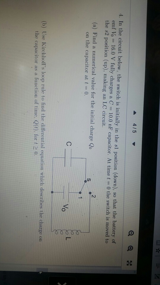 Solved A 4/5 4. In the circuit below, the switch is | Chegg.com