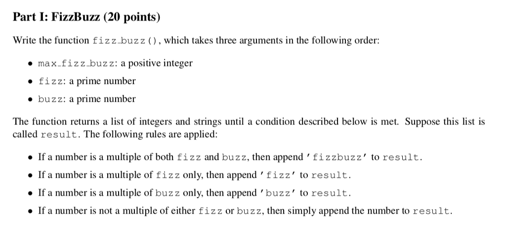 Solved Part I: FizzBuzz (20 points) Write the function | Chegg.com