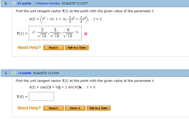 Solved 2. 0/1 points I Previous Answers SCalcET8 13.2.017 | Chegg.com