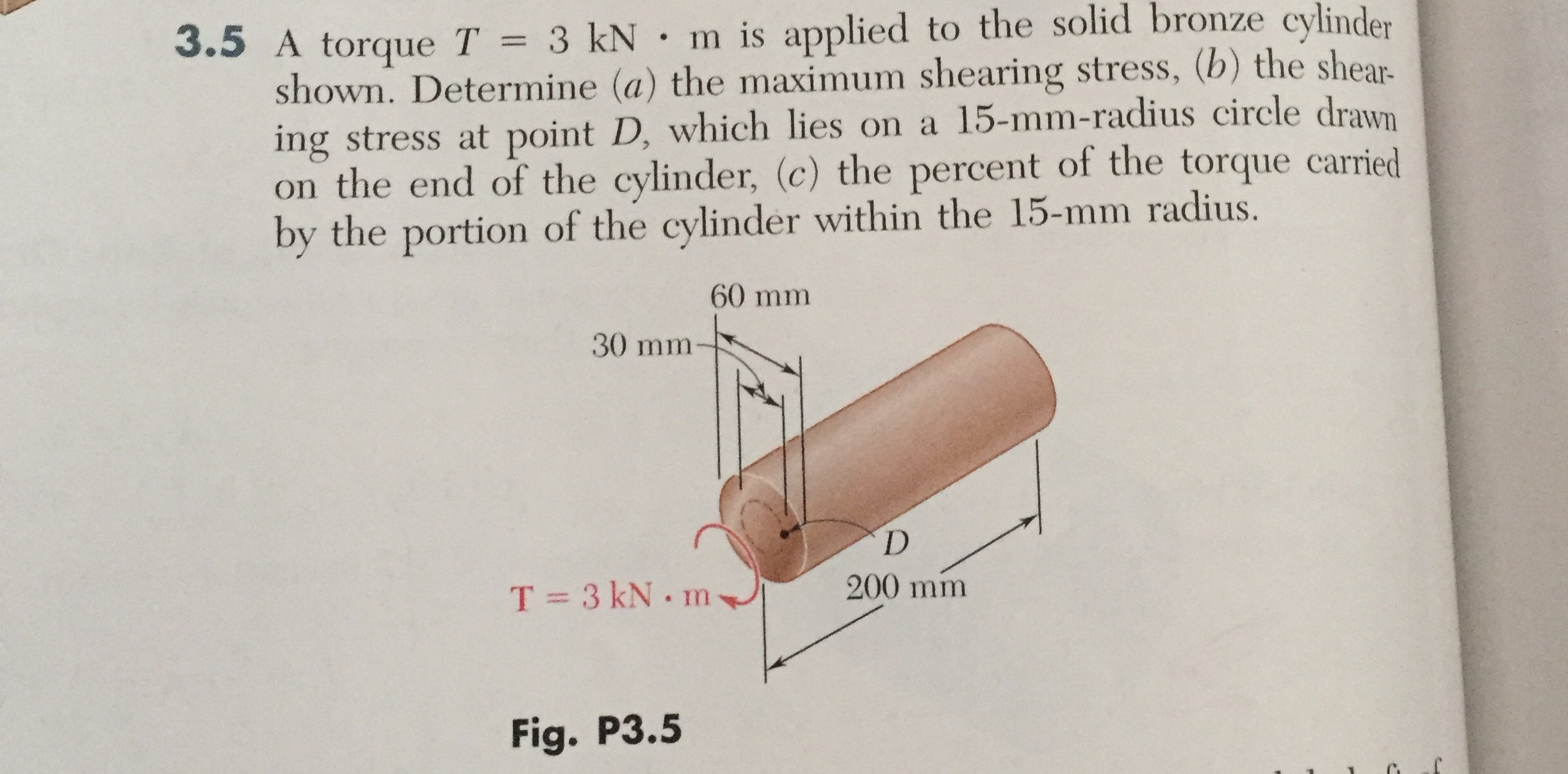 Solved A torque T = 3 kN m is applied to the solid bronze | Chegg.com