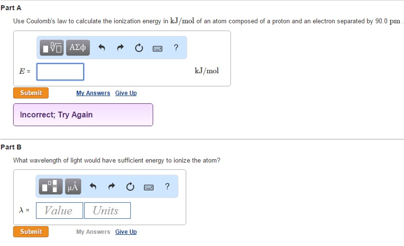 Solved Part A Use Coulomb?s law to calculate the ionization | Chegg.com