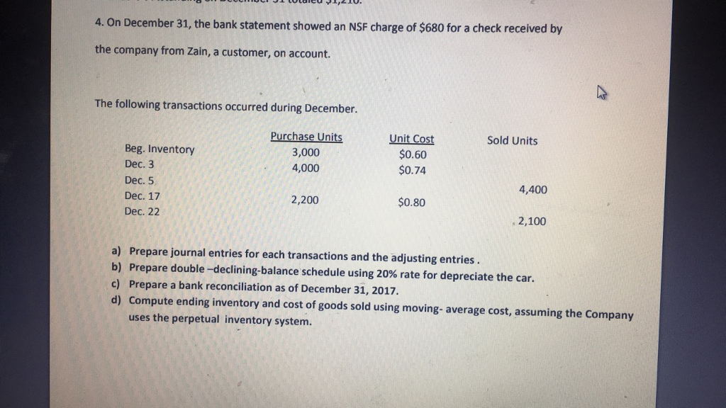 Solved 4. On December 31, the bank statement showed an NSF | Chegg.com
