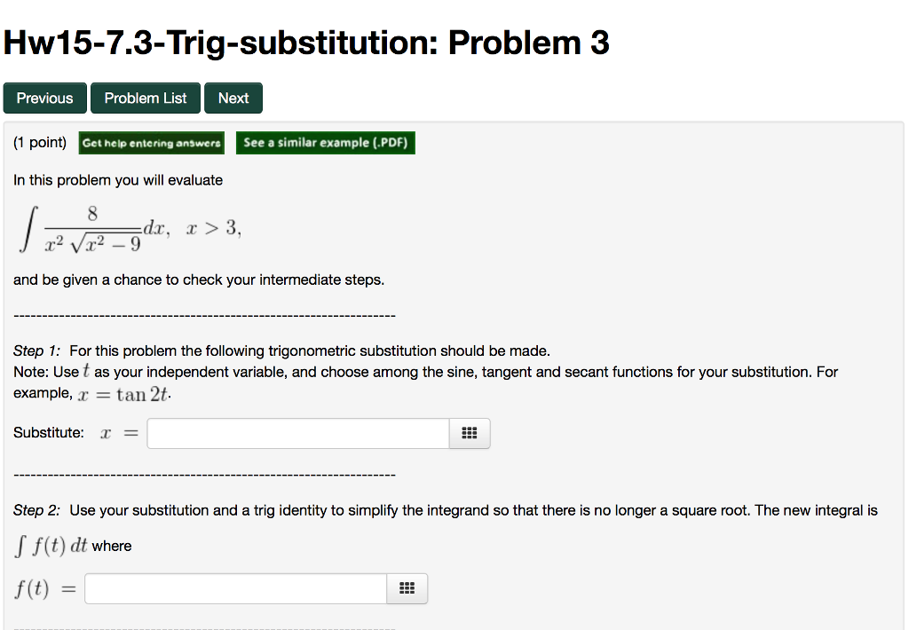 Solved Hw15-7.3-Trig-substitution: Problem 3 PreviouS | Chegg.com