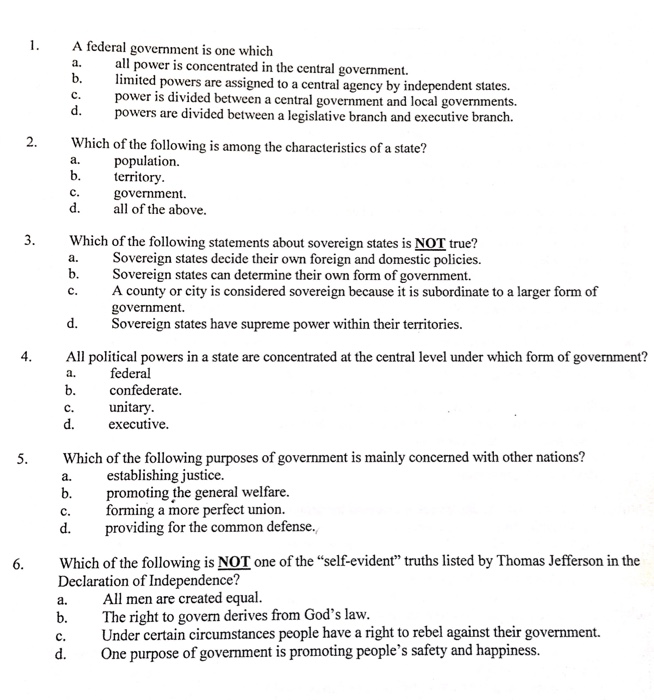 A federal government is one which Which of the | Chegg.com