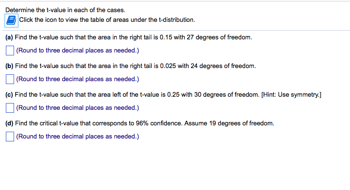 Solved Determine the t-value in each of the cases. Click the | Chegg.com