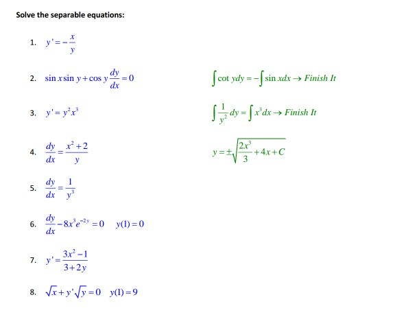 Solved Solve the separable equations: y' = -x/y sin x sin | Chegg.com