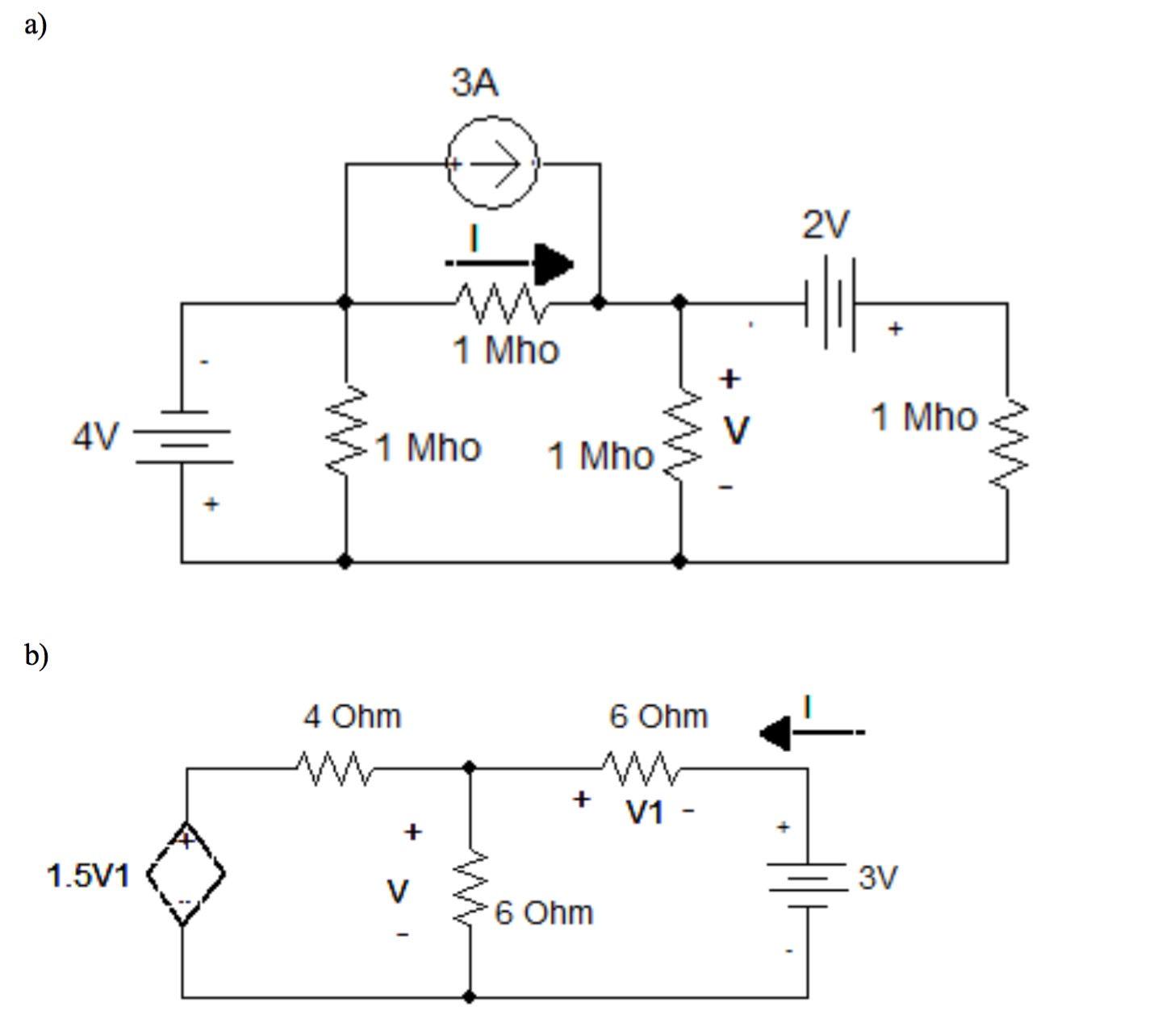 Solved a) 3A 2V 1 RAin 1 Mho AV- 1 Mho 1 Mho 1 b) 4 Ohm 6 | Chegg.com