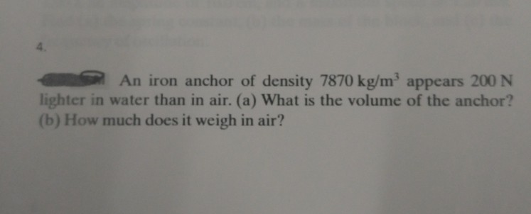 Solved 4. An iron anchor of density 7870 kg/m3 appears 200 N | Chegg.com