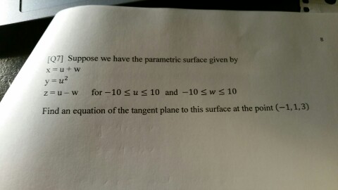 Solved Suppose we have the parametric surface given by x = u | Chegg.com