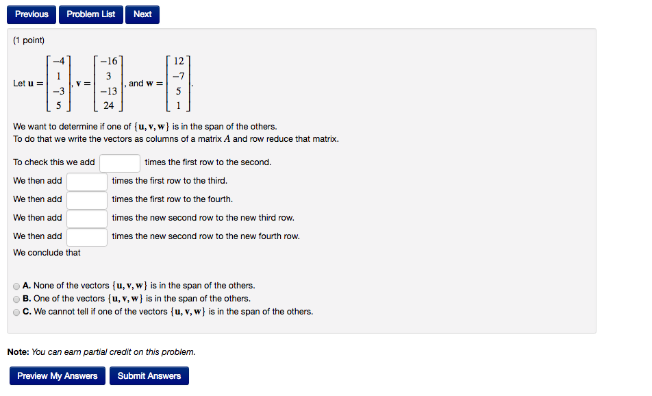 Solved Previous Problem ListNext (1 point) -4 16 12 Let u V? | Chegg.com