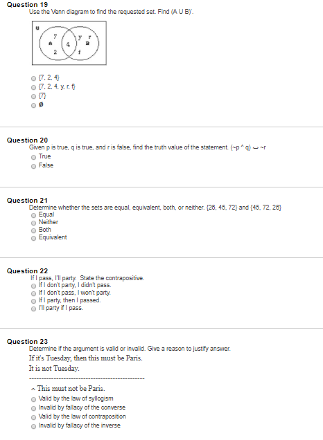 Solved Question 19 Use The Venn Diagram To Find The