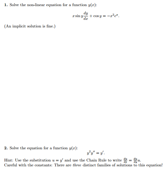 Solved Solve the non-linear equation for a function y(x): | Chegg.com