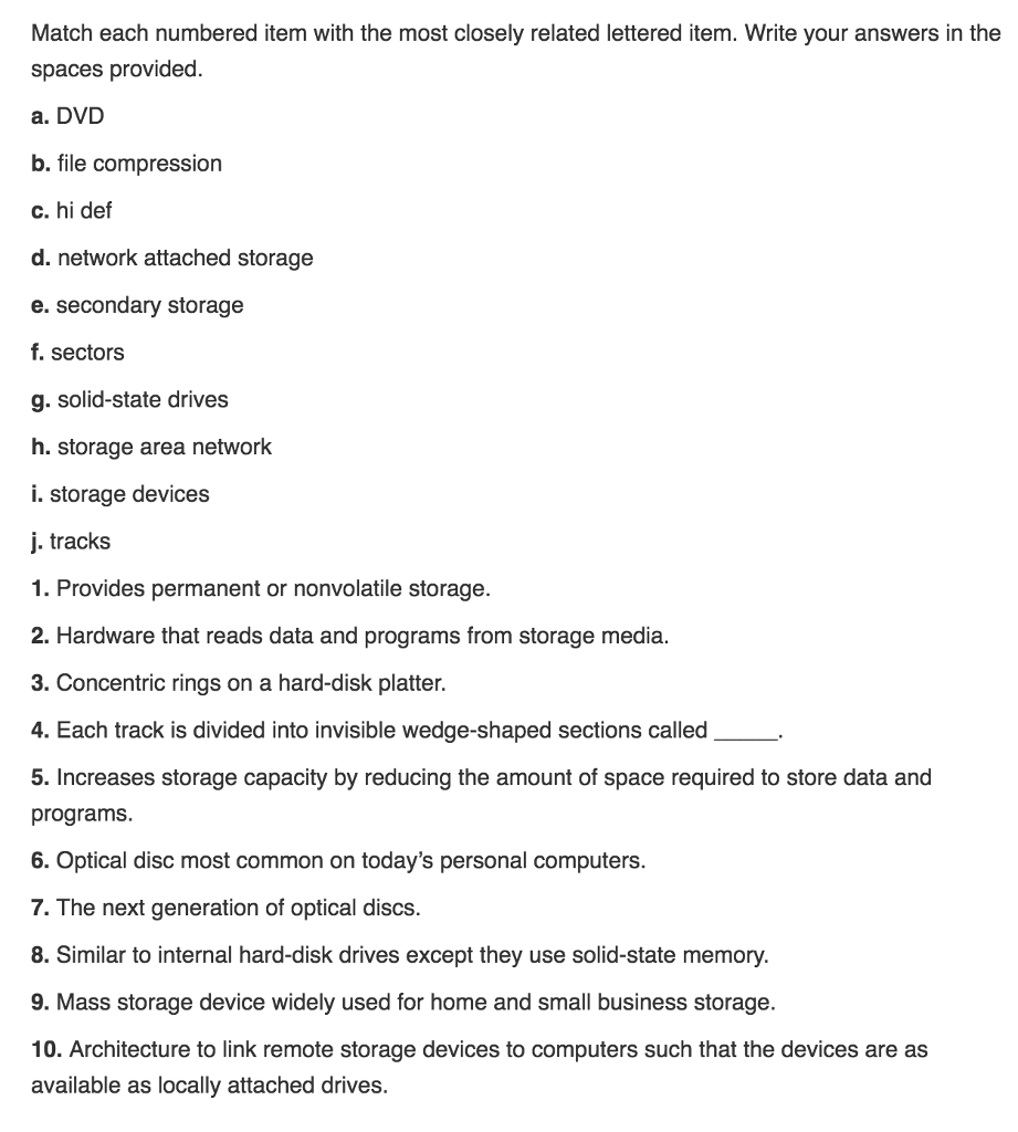Solved Match each numbered item with the most closely | Chegg.com