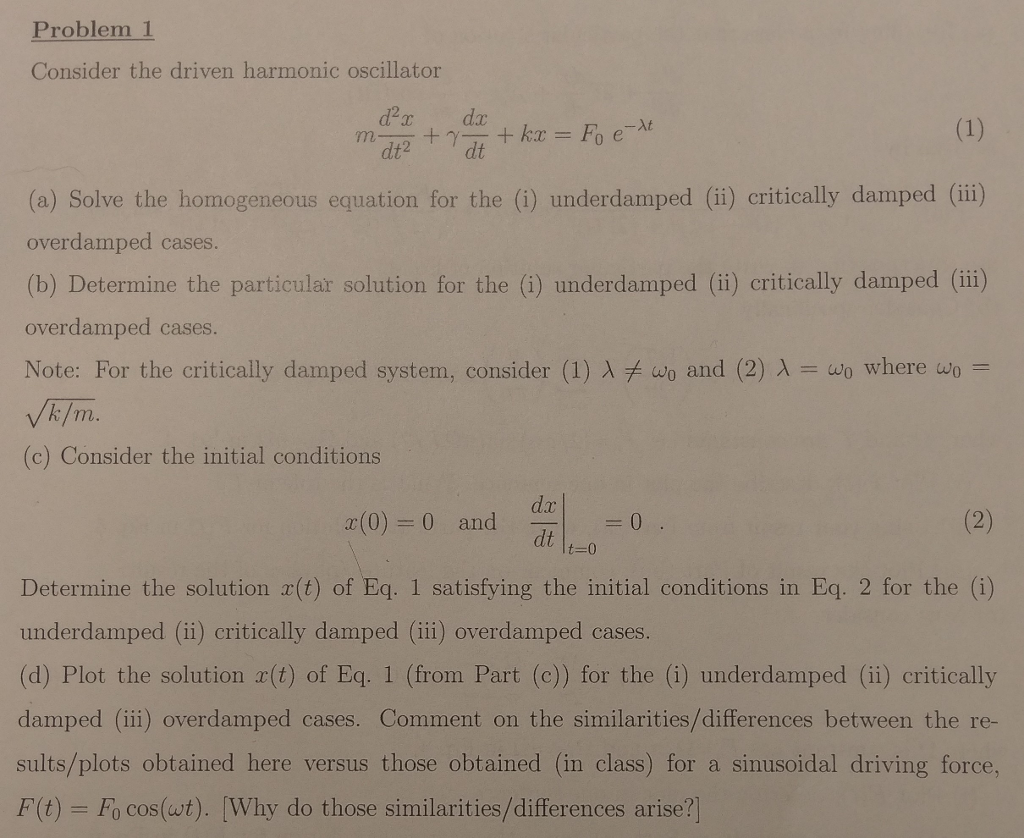 Consider the driven harmonic oscillator m d^2x/dt^2 | Chegg.com
