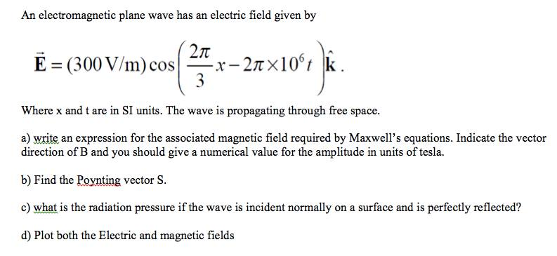 Solved An electromagnetic plane wave has an electric field | Chegg.com