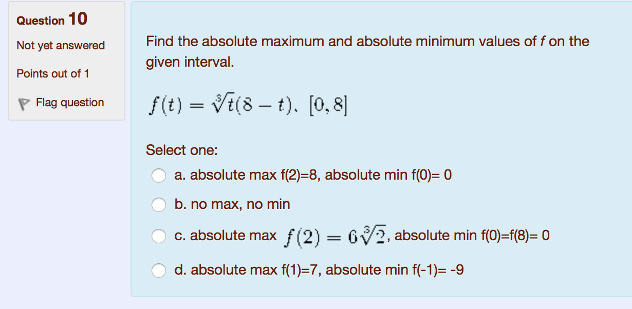 Solved Find the absolute maximum and absolute minimum values | Chegg.com